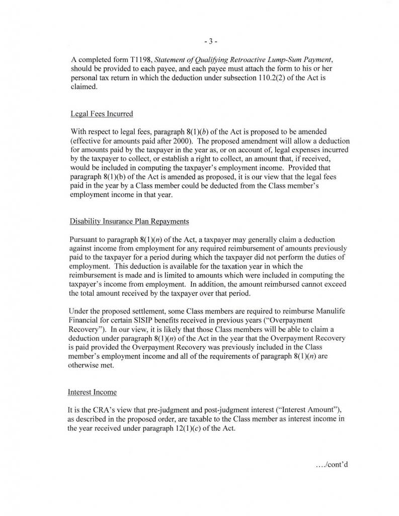 CRA LETTER TO CLASS COUNSEL RECEIVED FROM MC TODAY REFERENCE TAX ...