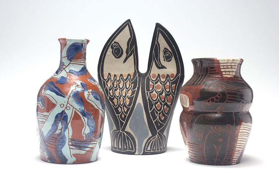 Three 1970s abstract signed studio pieces with sgraffito decoration