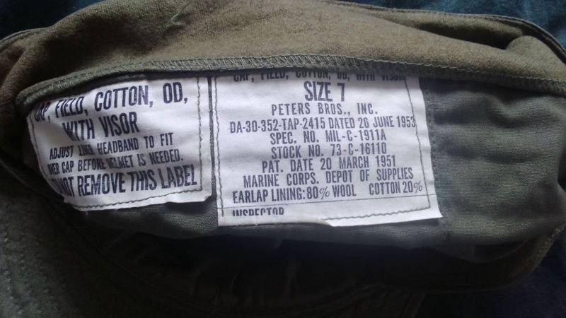 M1951 Cap,Field,Cotton,OD,With Visor.Marine Corp Depot Of Supplies.