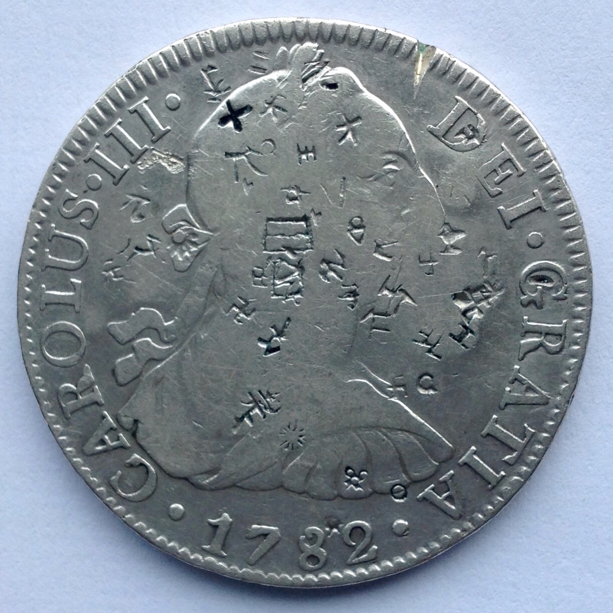 8 reales 1782 Carlos III. Méjico. Resellos asiáticos