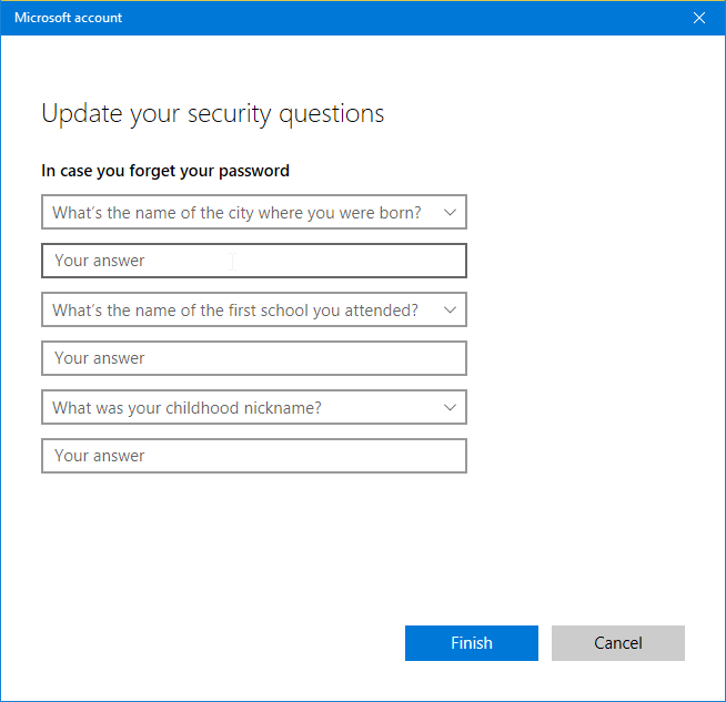 How to Add Security Questions for Local Account in Windows 10